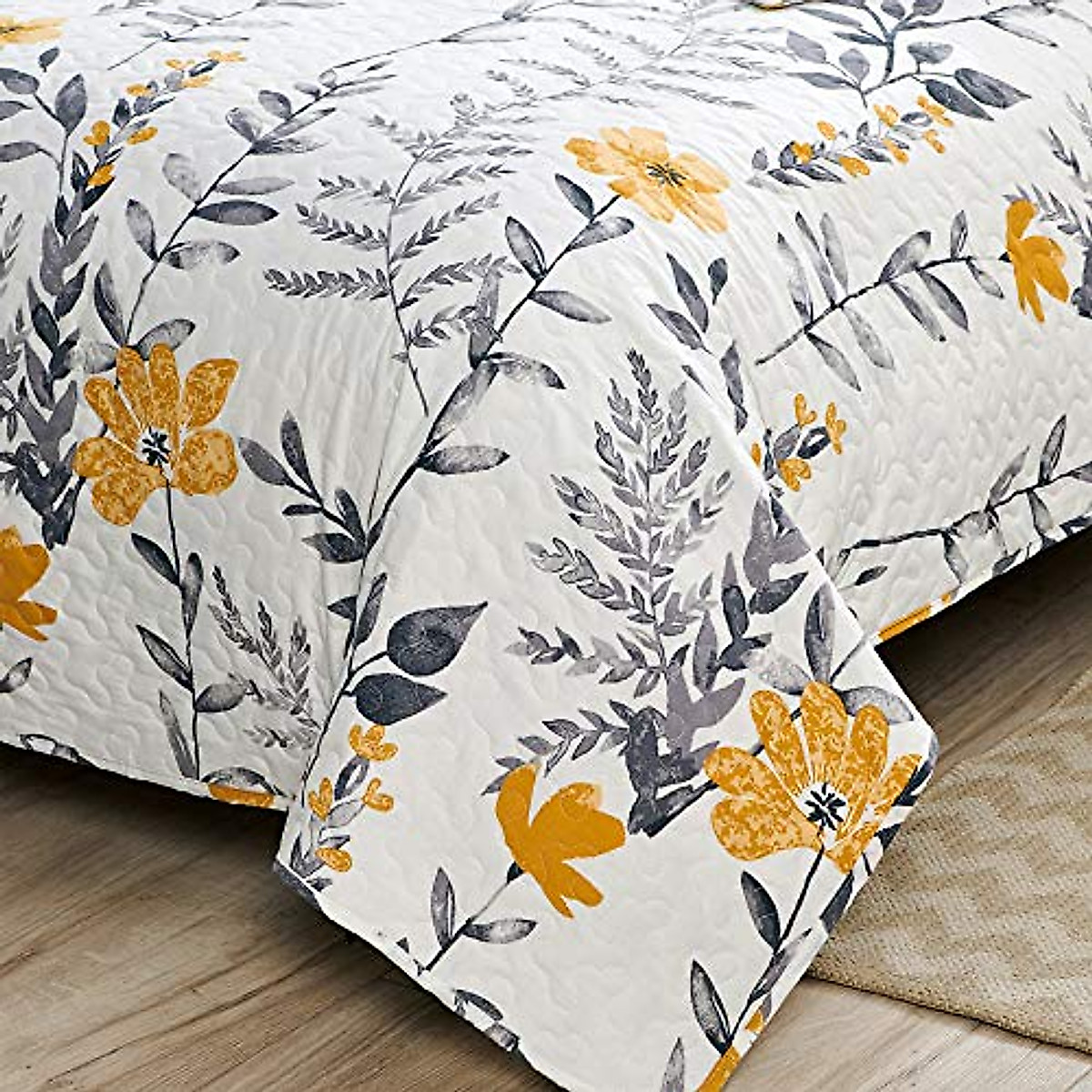 Bedspread Coverlet Set King Size Floral Quilts Set Bedding Lightweight Floral Quilt Collection Home Reversible Quilt Bedspread Sping Leaves Yellow Flower Quilt Bedding Garden Bedspread+2 Pillow Shams