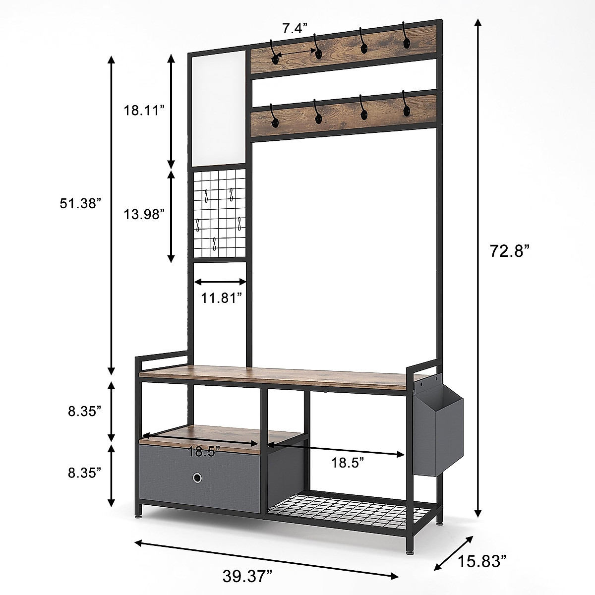 NAIYUFA Entryway Hall Tree with Drawer,Coat Rack with Mirror,Vintage Industrial Hall Tree with Shoe Bench,5-in-1 Storage Rack with 8 Hooks and Grid Panel
