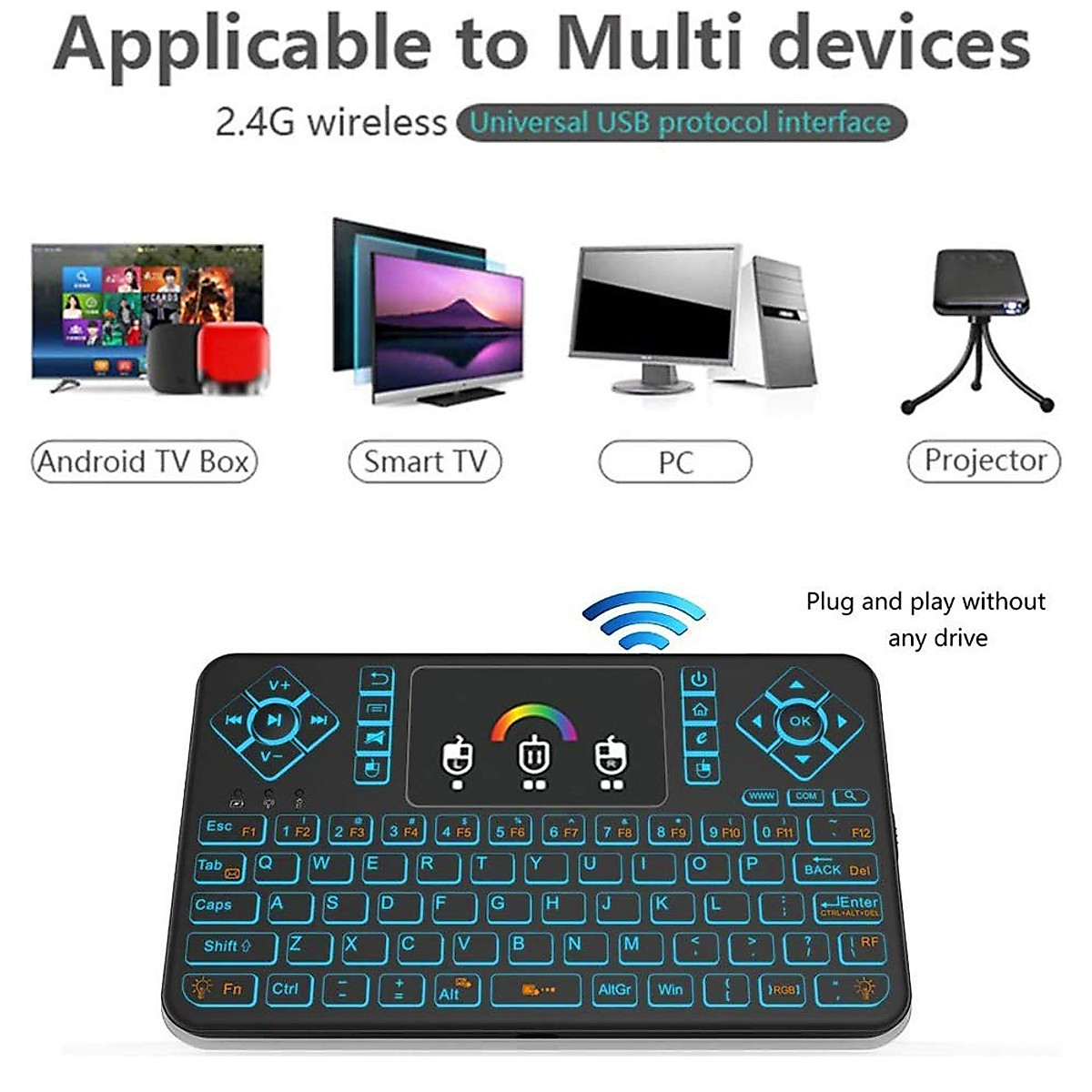 Mini Wireless Keyboard,Q9 Mini Keyboard with Touchpad,Colorful Backlit Small Wireless Keyboard,Mini Rechargeable Handheld Remote Keyboard for PC,Raspberry Pi 4, Android TV Box,KODI,Windows 7 8 10
