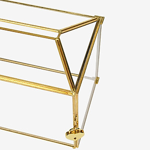 REDHUGO 10.2x5.9x7.9 in Medium Glass Card Box Handmade with Slot and Lock, Wedding Card Boxes for Reception, Graduation, Gift Cards, Party, Brass Geometric Terrarium, Golden Decorative Box