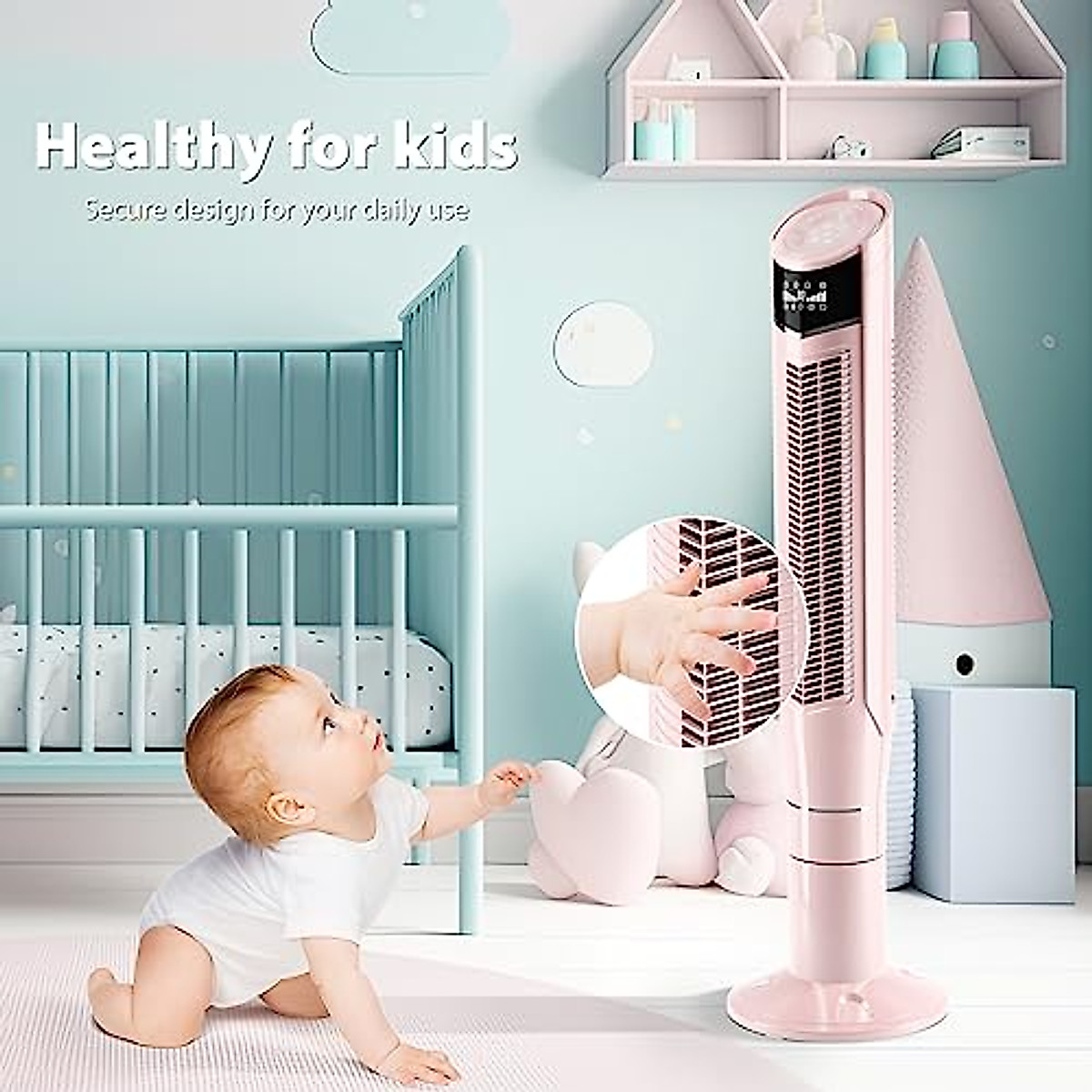 Antarctic Star Tower Fan 360°Oscillating Fan Quiet Cooling 24H Timer Remote Control Powerful Standing 8 Wind Speed 3 Wind Modes Ionizer Mode Bladeless Portable LED Display,Bedroom 47-Inch Pink