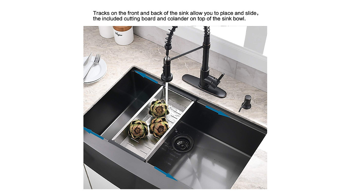 VOKIM 33-Inch Farmhouse Sink with Workstation in Matte Black