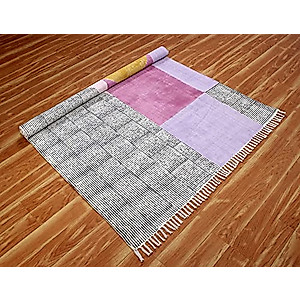 Casavani Hand Block Printed Rug Geometric Blue & Pink Tassel Rug Boho Area Rug Easy Care Washable Rugs for Doormat Entryway Living Room Bedroom Hallway Balcony 10x10 Feet Square