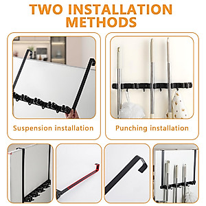 UKQRRTC Over The Door Broom Holder with 2 Hooks Wall Mount Mop and Broom Holder Stainless Steel Mop Holder Utility Broom Gripper Drilling Free Mop Hanger for Home Bathroom Kitchen Garage, Black