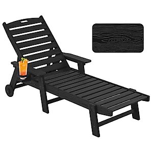Serique Chaise Lounge Chair Outdoor with Wheels, Oversize Patio Lounge Chair with Wood Texture, 5-Position Plastic Lounge Chair for Poolside, Patio, Deck, Beach(Black)