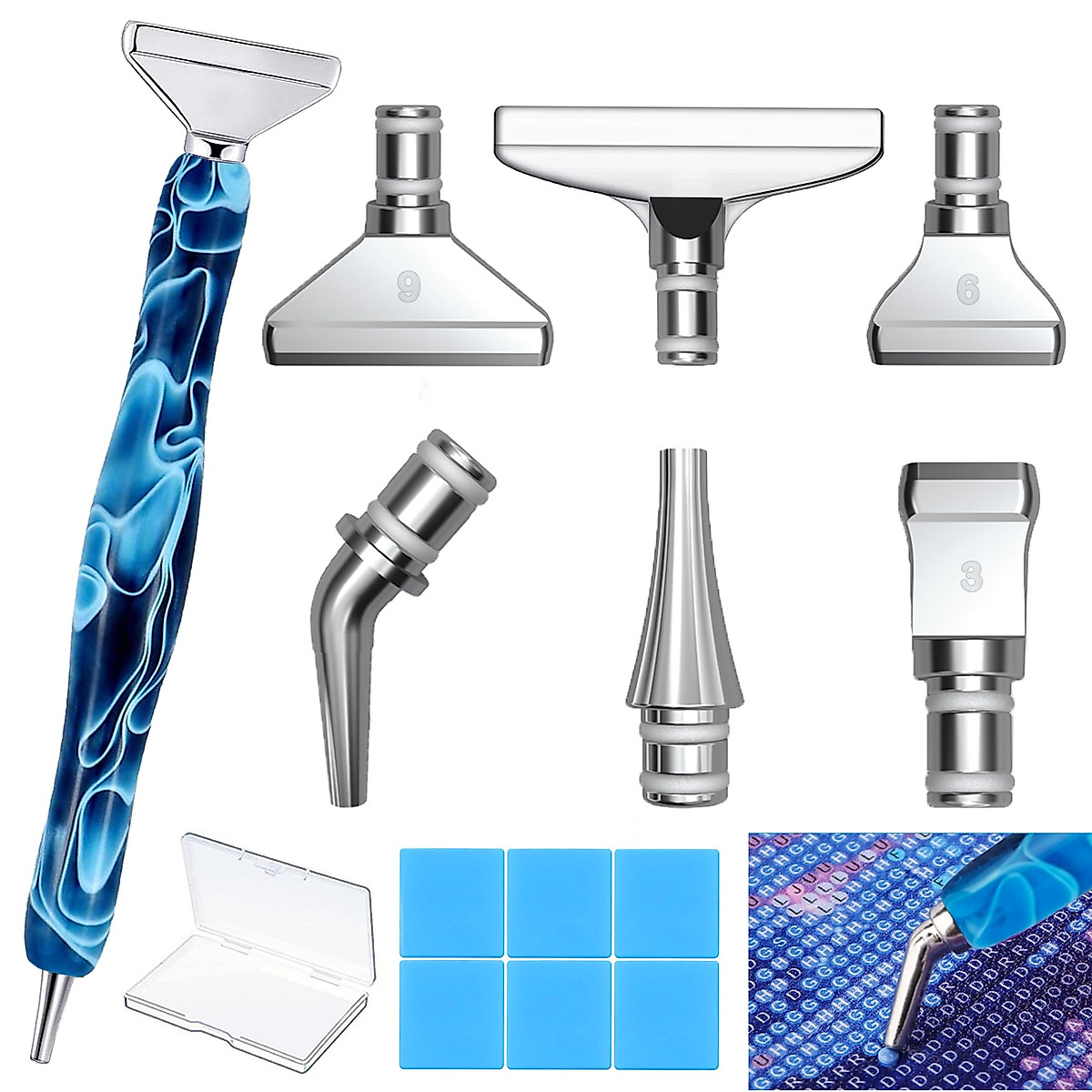 14PCS Diamond Painting Pen Accessories Tools Set, Exquisite Stainless Steel Metal Pen Tips, Ergonomic Diamond Art Drill Pen and 6 Painting Glue Clay, Comfort Grip and, Faster Drilling (14PCS-Blue)
