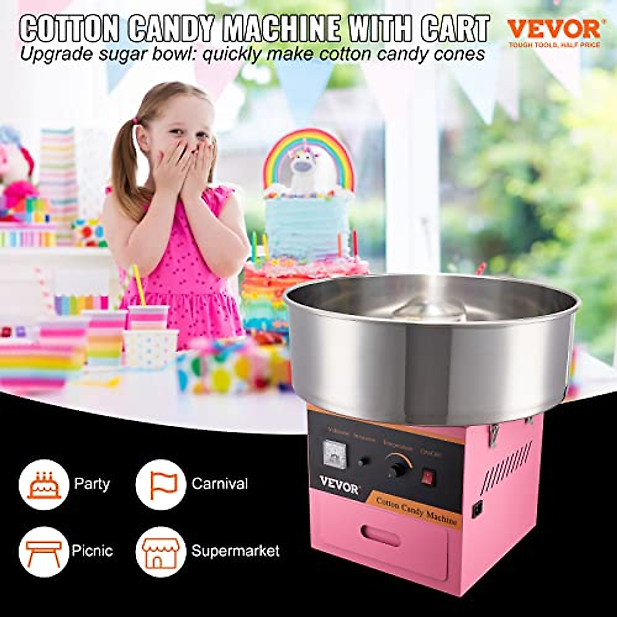 VEVOR Electric Cotton Candy Machine, 1000W Commercial Floss Maker with Stainless Steel Bowl, Sugar Scoop and Drawer, Perfect for Home, Kids Birthday, Family Party, Without Cover, Pink