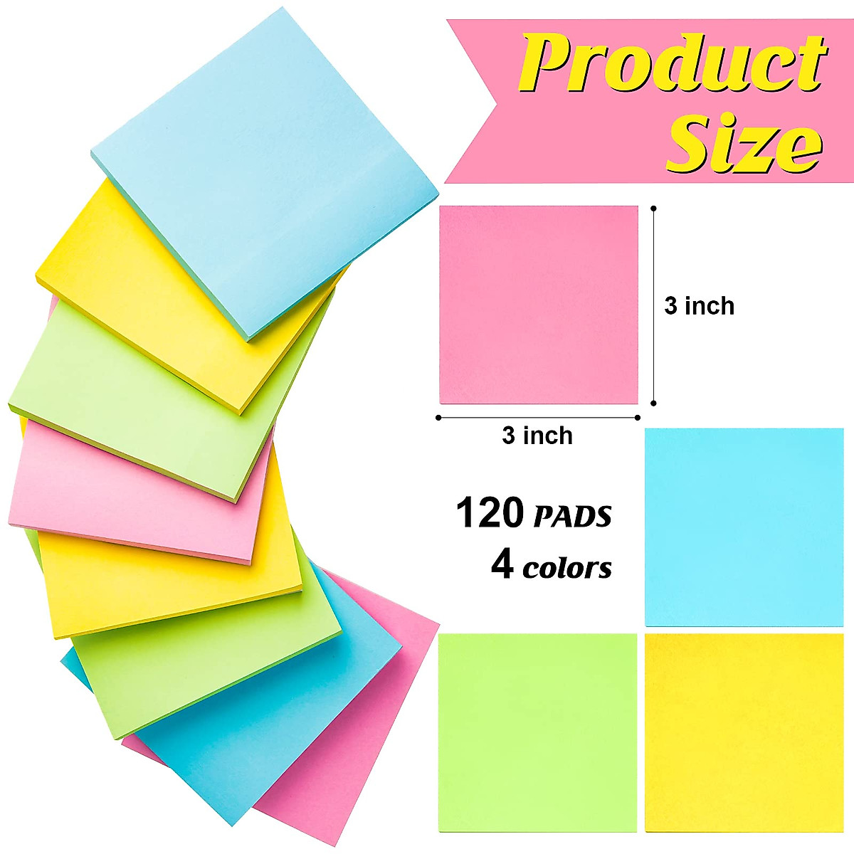Fainne 120 Pads Sticky Notes 3x3 Bulk Colors Self Stick Pads Pink Yellow Green Blue Paper Note Pads Memo for Office School Home Notebook Supplies 50 Sheets/Pad(Simple Color,Solid)