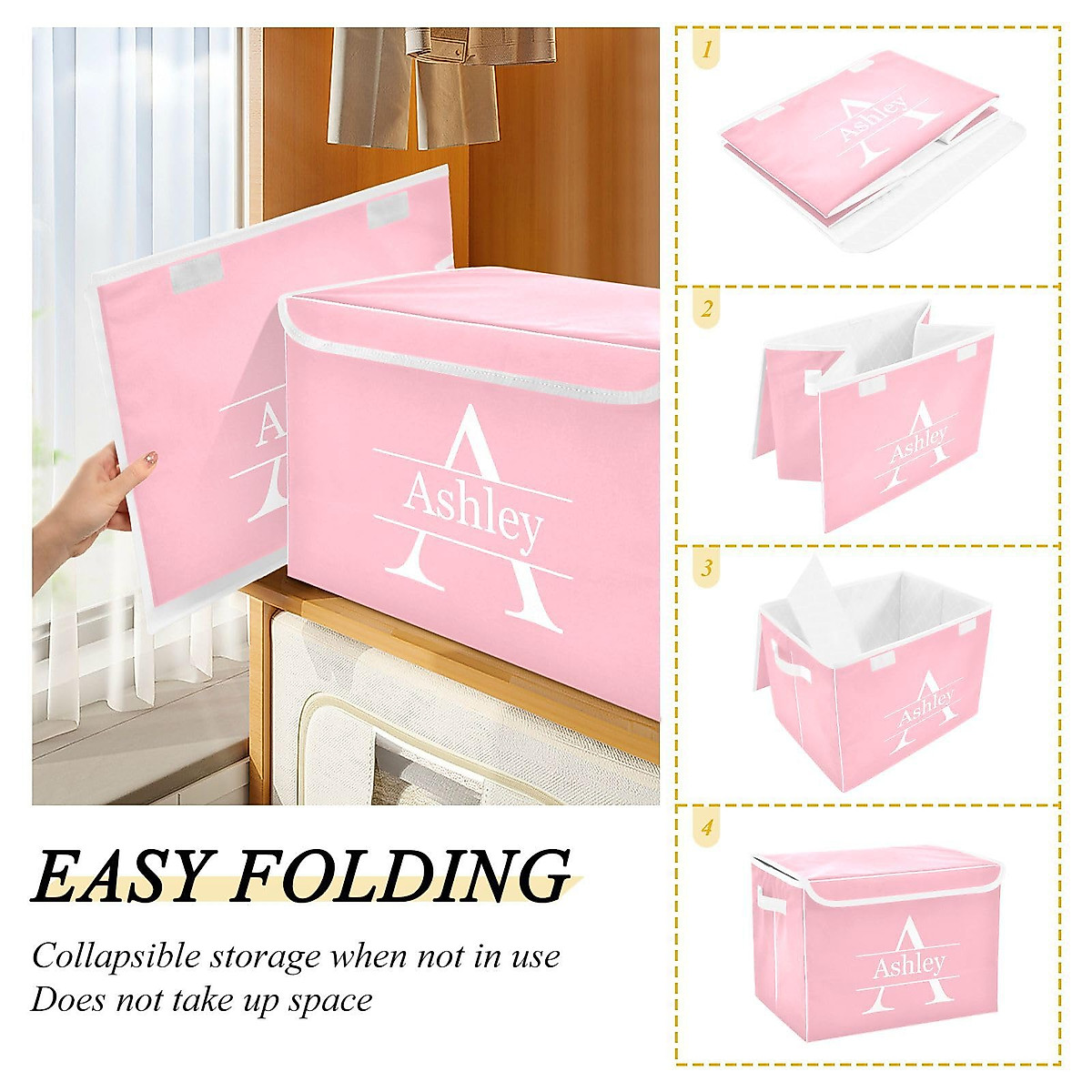Light Pink Custom Storage Bins with Lid Foldable Personalized Name Storage Box Basket with Handle Shelf Basket Closet Organizer for Clothes Home Bedroom