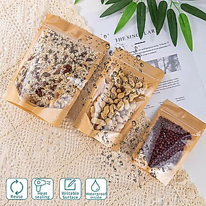 100 PCS Stand Up Pouches, 5.5 x 7.8 inch Kraft Paper Food Bags with Clear Window, Reusable Ziplock Food Storage Bags Resealable Pouches for Foods, Coffee Beans, Snacks