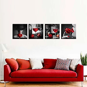 Adbykgto Red Rose Wine Glasses Wall Art Canvas Decor 12x12 4 Pieces Framed for Bedroom Decor Modern Red and Black Rose Women with Hat Painting Kitchen Pictures Home Decor