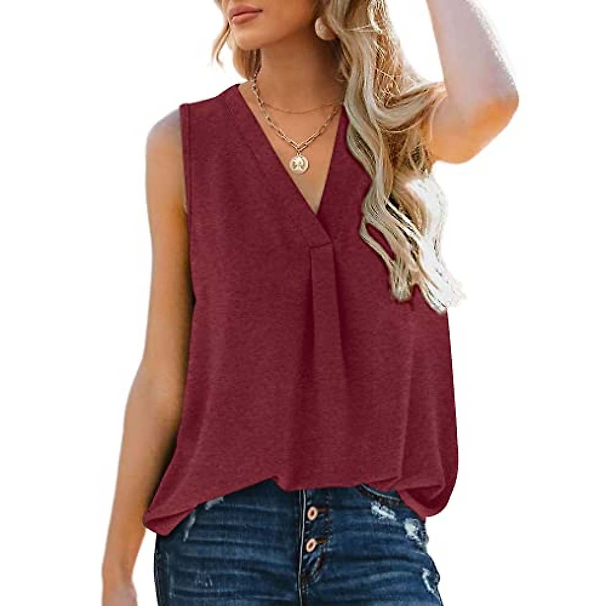Womens Tops Dressy Casual V Neck Sleeveless Tunic Tops Loose Fit Red Small