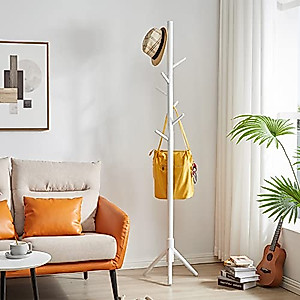 YMYNY Wooden Coat Rack Stand, Free Standing Hall Tree with 8 Hooks Super Easy Assembly, Adjustable Sizes Entryway Coat Rack for Hat, Clothes, Purse, Scarves, Handbags, White, HD-UHRF-1194