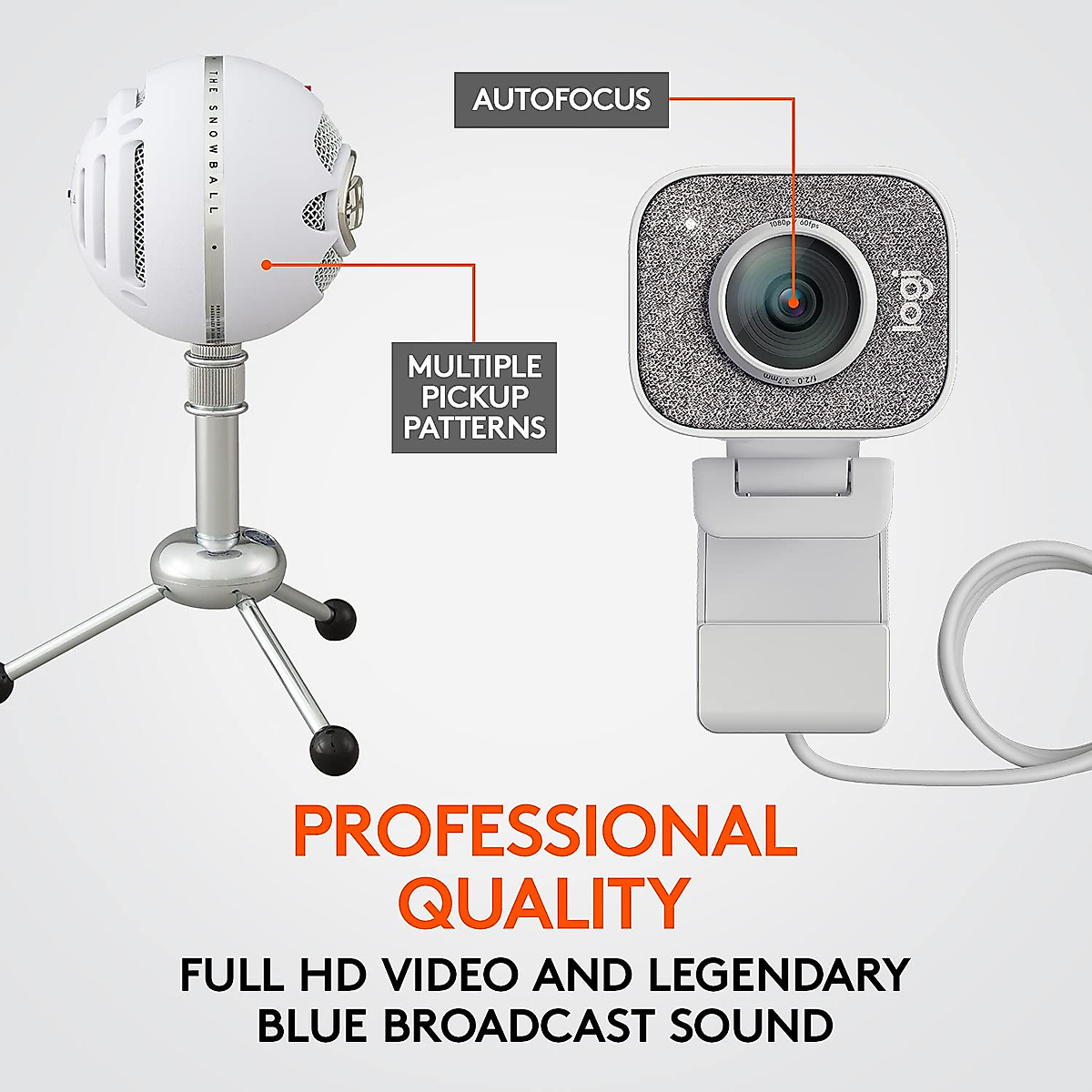 Logitech for Creators StreamCam Premium Webcam, Full HD 1080p 60 fps, Premium Glass Lens, Smart Auto-Focus, White and Blue Snowball USB Microphone – Textured White