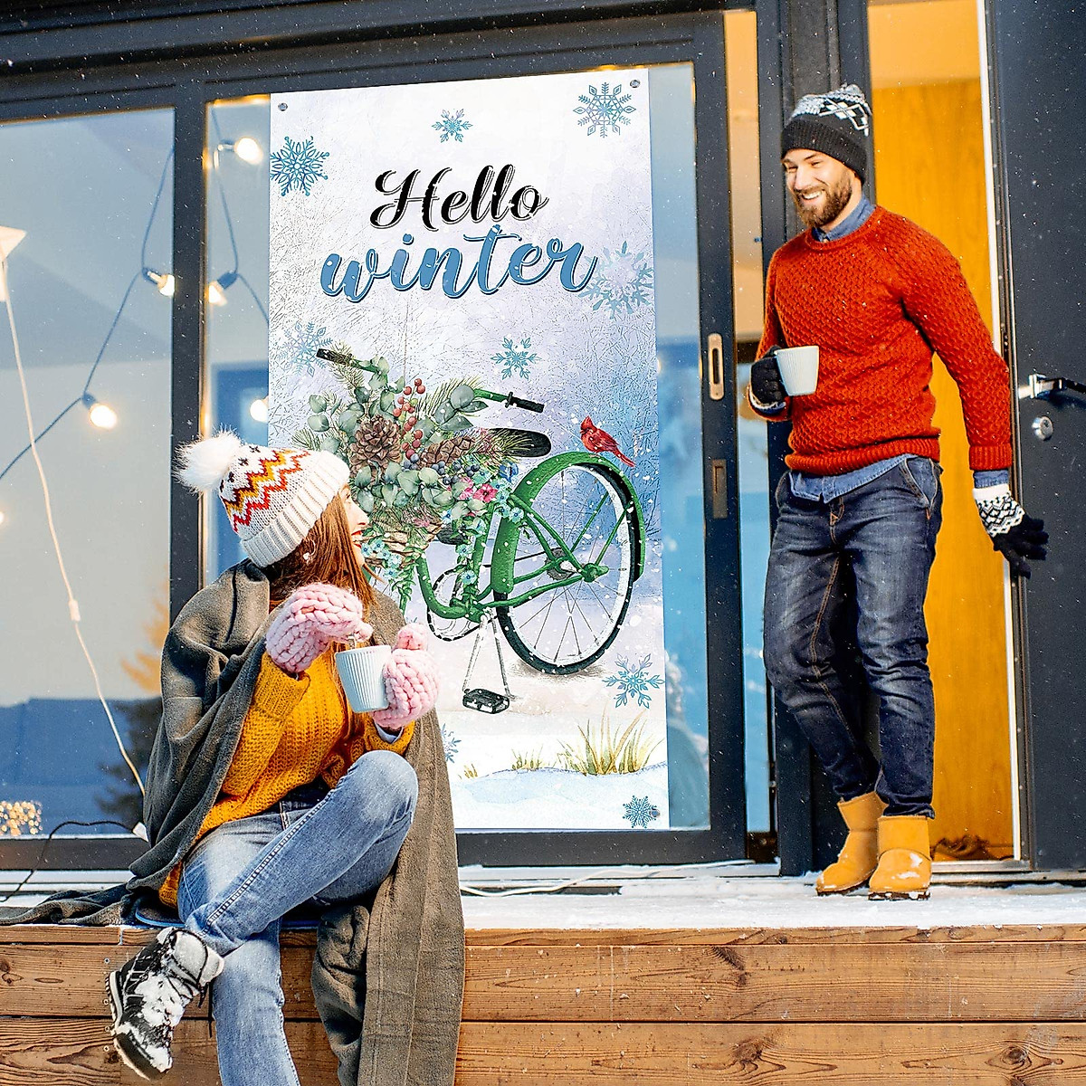 Hello Winter Welcome Porch Sign Door Cover Banner Winter Party Decoration Backdrop Floral Bike Banner Large Seasonal Door Banner Background Door Cover, 70.8 x 35 Inch (Winter Style)