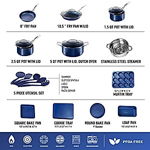 Granitestone 20 Piece Cookware Set Nonstick Pots and Pans Set Bakeware Set with Ultra Nonstick Durable Mineral & Diamond Coating 100% PFOA PFAS Free Cookware, Metal Utensil Oven & Dishwasher Safe-Blue
