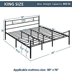 Yaheetech 13 inch King Classic Bed Metal Mattress Foundation Platform with Headboard and Footboard/No Box Spring Needed/Under Bed Storage/Strong Slat Support Black