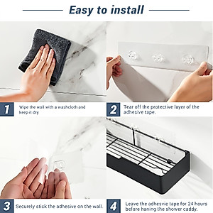 Rise age Adhesive Shower Caddy 2 PCs, Large shower shelves for inside shower, Rustproof Shower Caddy Black No Drilling Bathroom Shower Organizer, Wall Mount Shower Caddy with 4 Removable Hooks(Black)