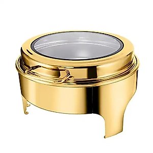 HONHPD 1 Pcs 6.8QT Round Chafing Dish Buffet Set,Gold Stainless Steel Buffet Servers and Warmers,Round Chafer Food Warmer with Glass Window Hydraulic Lid & Holder for Wedding Parties Catering,Golden