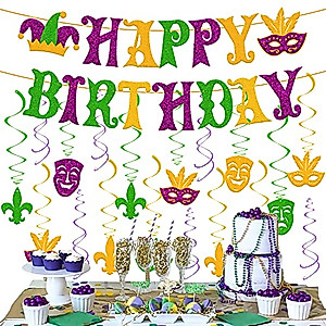 Mardi Gras Birthday Decoration Carnival Happy Birthday Banner Glitter Green Gold Purple Hanging Swirls Decor Fat Tuesday New Orleans Masquerade fleur de lis Theme Festival Party Supplies
