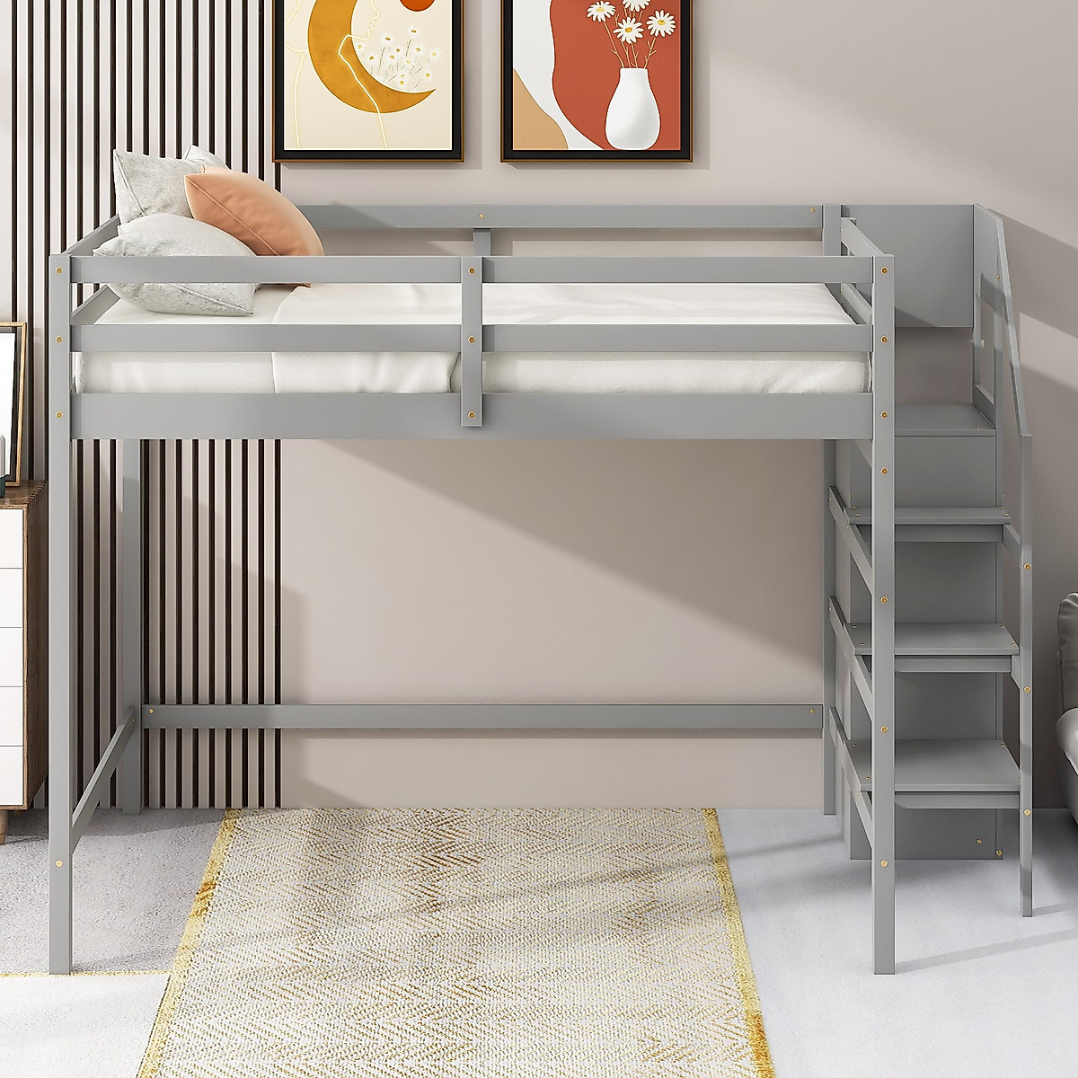Harper & Bright Designs Full Loft Bed with Staircase and Storage Wardrobe, Wooden Full Size Loft Bed Frame with Storage Shelf, High Full Loft Beds for Kids Boys Girls Teens Dorm Bedroom (Full, Gray)