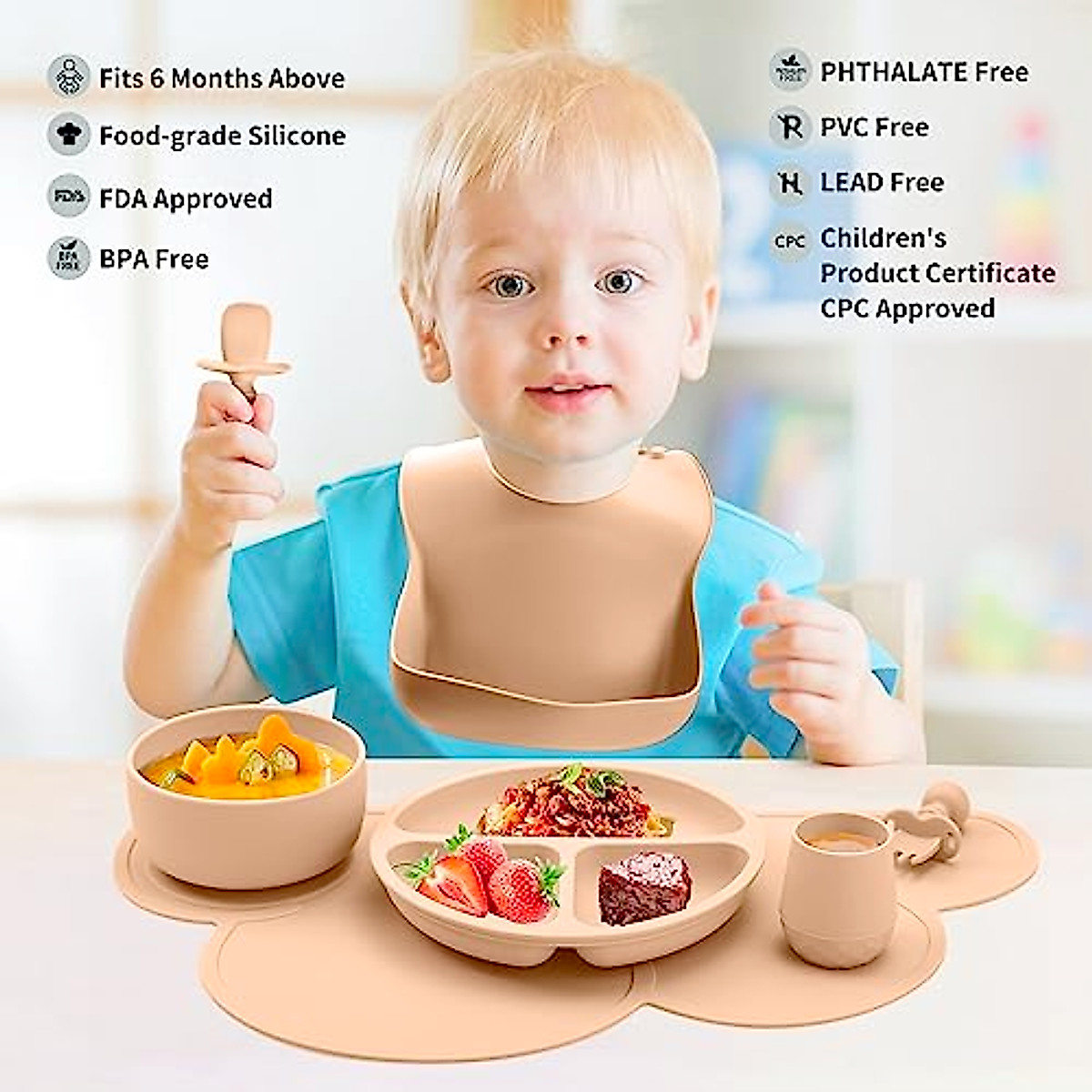 8-PIECE SILICONE BABY FEEDING SET-SUCTION BOWL, DIVIDED PLATE, SIPPY CUP, PRE-POON,BABY FORK, SPOON, ADJUSTABLE BIB, PLACEMAT, FALL, BABY ITEMS, BABY LED WEANING SUPPLIES, BABY LED WEANING UTENSILS