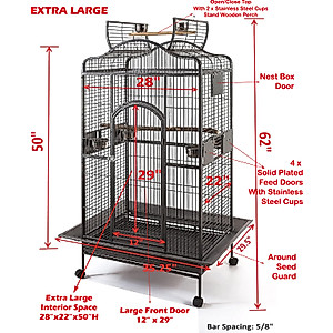 Extra Large Wrought Iron Open/Close Play Dome Top Parrot Bird Cage for Large Macaws Cockatoos African Grey Amazon (Black Vein, 35.25" W x 29.5" D x 62" H)