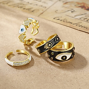 SISMIURRA 4PCS Evil Eye Ring Set Y2K Colorful Enamel Adjustable Gold Rings for Women Aesthetic Trendy Ring Set for Teen Girls