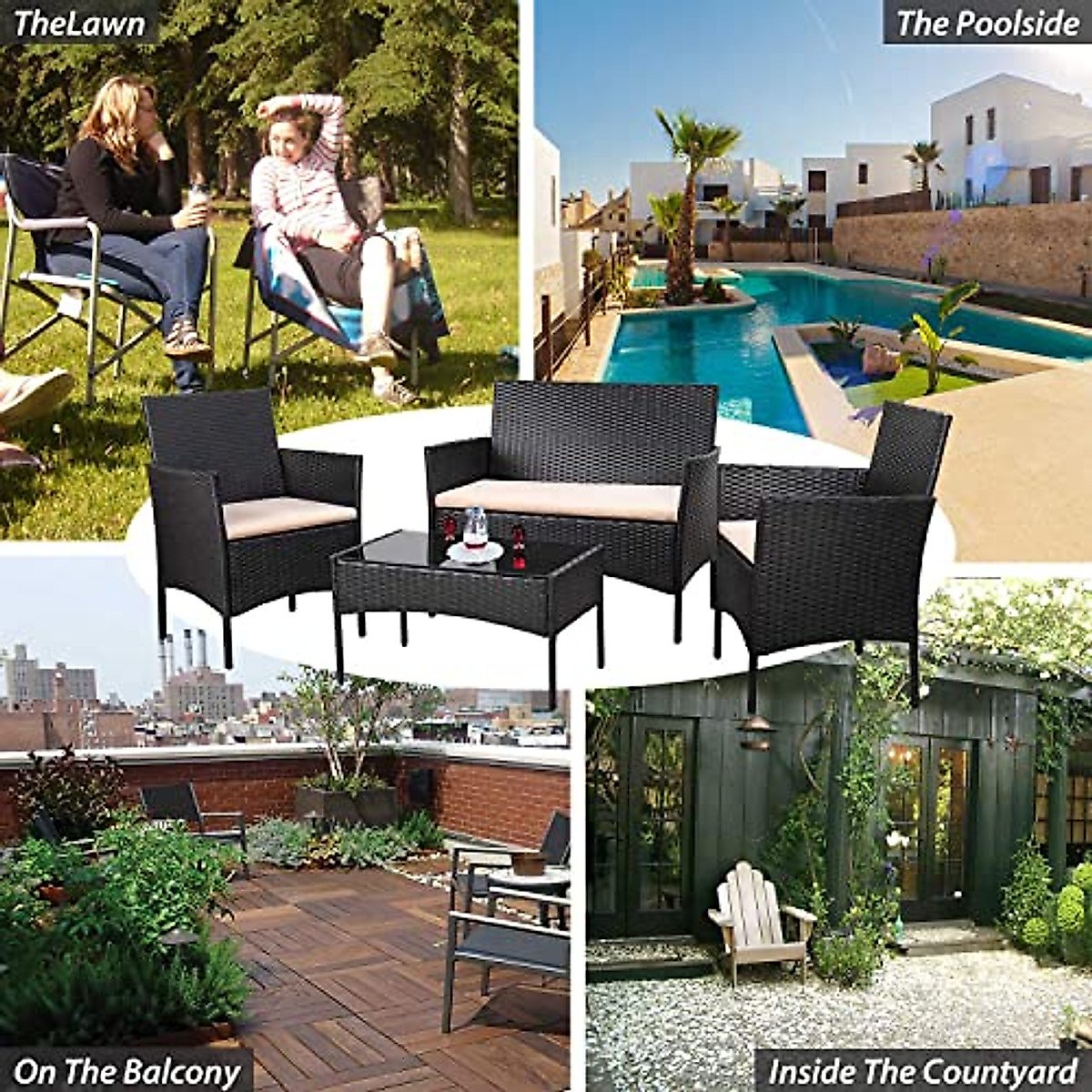 Homall 4 Pieces Patio Rattan Chair Wicker Set,Outdoor Indoor Use Backyard Porch Garden Poolside Balcony Furniture (Black and Beige)
