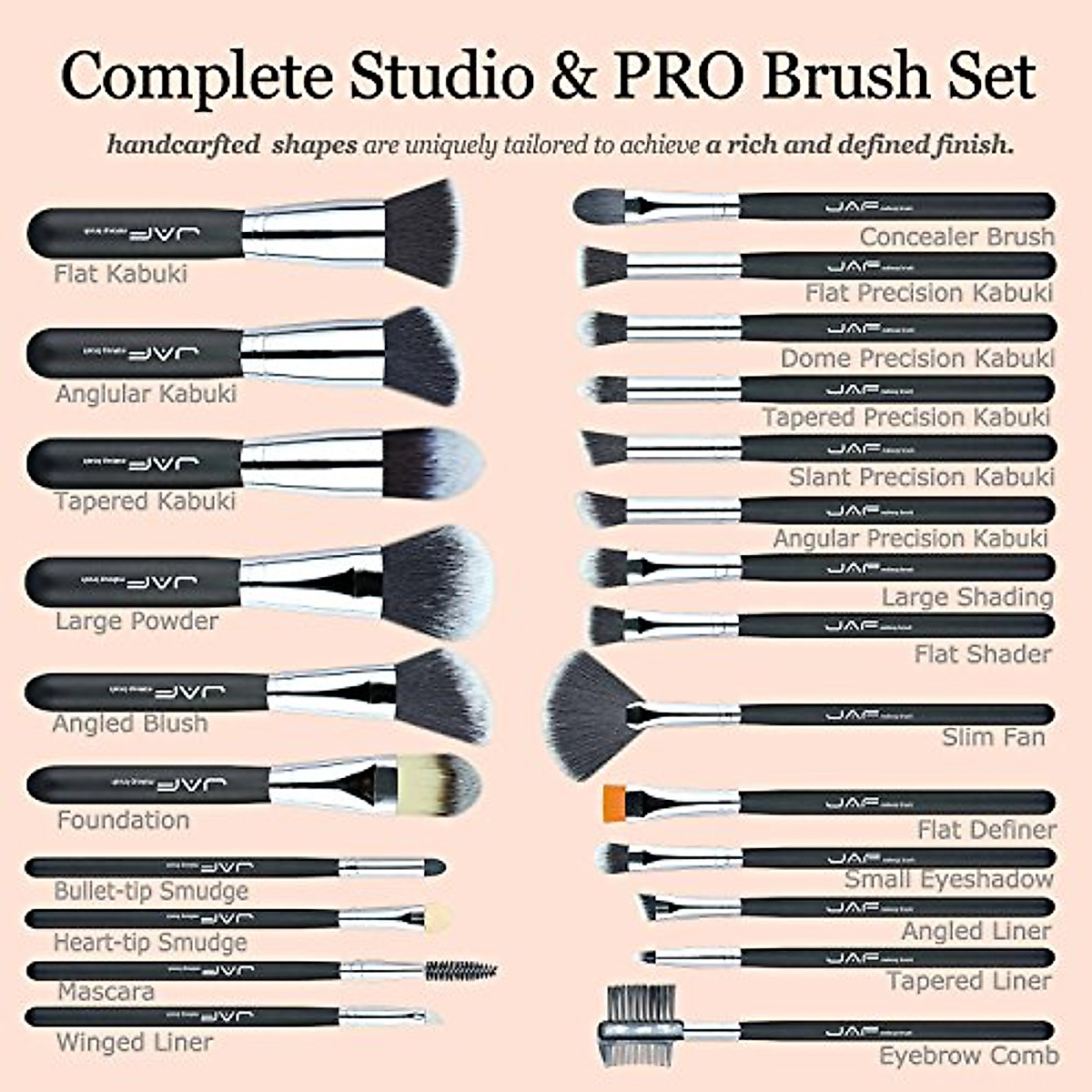 JAF 24pcs Professional Black Makeup Brushes Set with Case Vegan Synthetic Make Up Brushes Set in Gold Bag Holder Cosmetic Big Makeup Brushes & Tools Kit for Face Contour Foundation - J2404YC-B