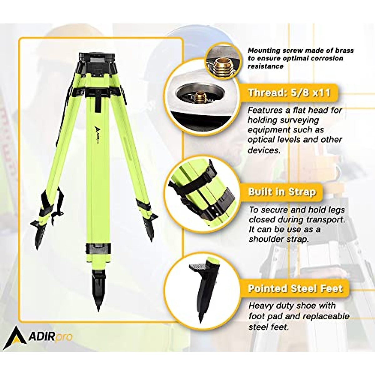 AdirPro High Visibility Universal Survey Tripod – Aluminum Laser Level Tripod – Transit Level Tripod - Quick Clamp - Heavy Duty Contractor Tripod 5/8” x 11” Thread (Green)
