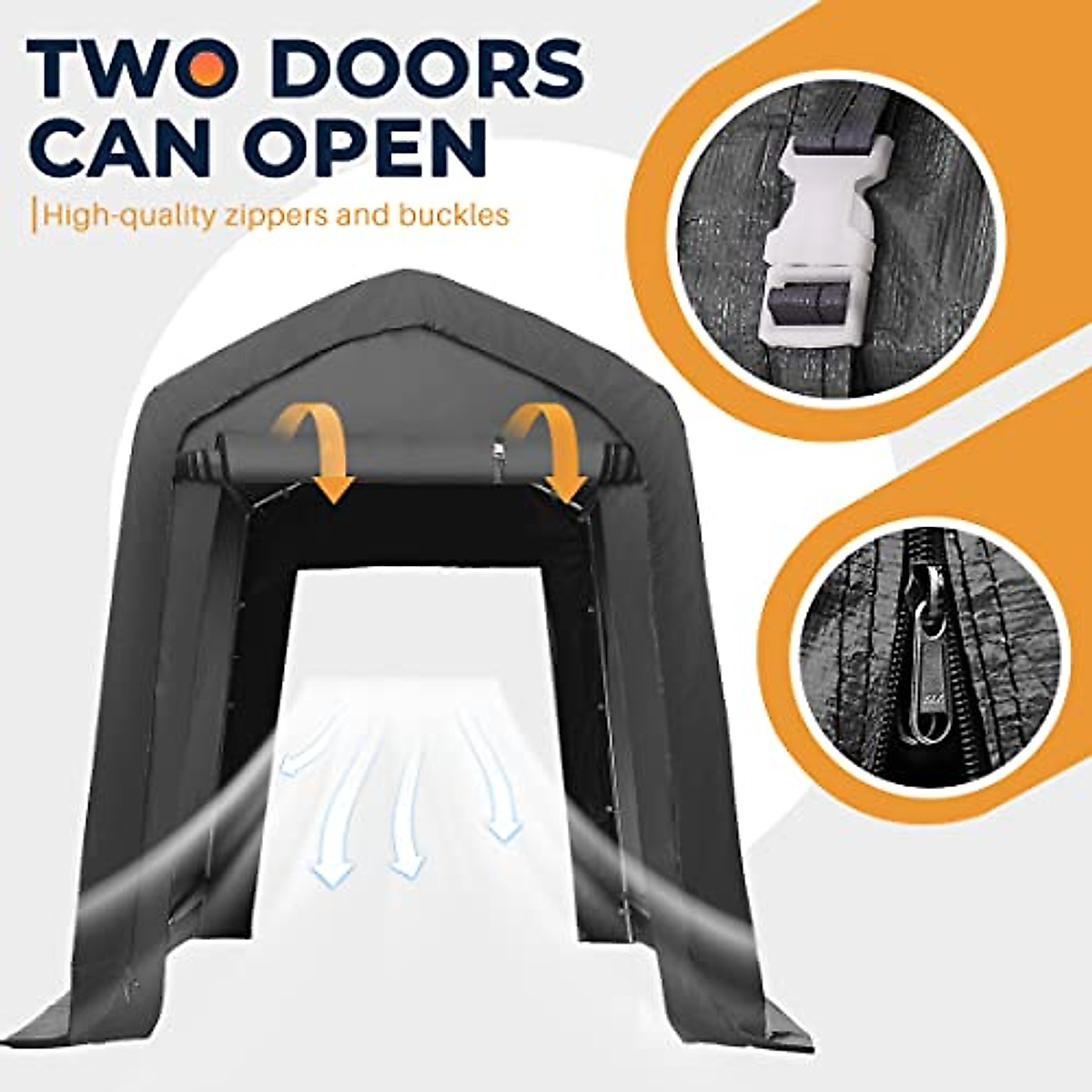 PEAKTOP OUTDOOR 6X8ft Heavy Duty Storage Shelter with 2 Roll-Up Side Windows，Waterproof and UV Resistant Outdoor Tent Tarp Sheds for Bike, Motorcycle, Garden Tools，Gray