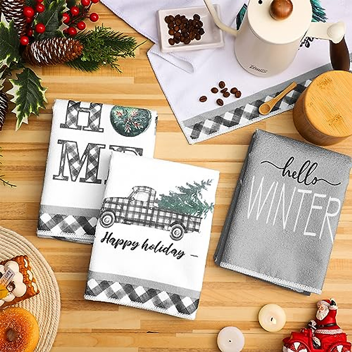 Oudain Sets of 6 Christmas Kitchen Towels and Dishcloths Xmas Tree Truck Dish Towels Hello Winter Kitchen Hand Towels Kit Christmas Novelty Gifts for Christmas Party Supplies