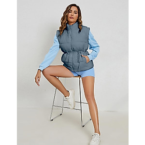 VAOYIU Womens Puffer Vest Adjustable Drawstring Waist Lightweight Quilted Zip Up Vest with Pockets(-Dustyblue-XL)