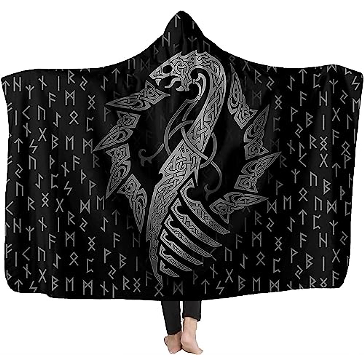 BURNAR Medieval 3D Printing Hooded Blanket Warm Viking Dragon Rune Vegvisir Unisex Winter Wearable Hooded Blanket Double Layer Thick Plush Fleece Blanket Cloak (Color : D, Size : 50x60in/130x150cm)