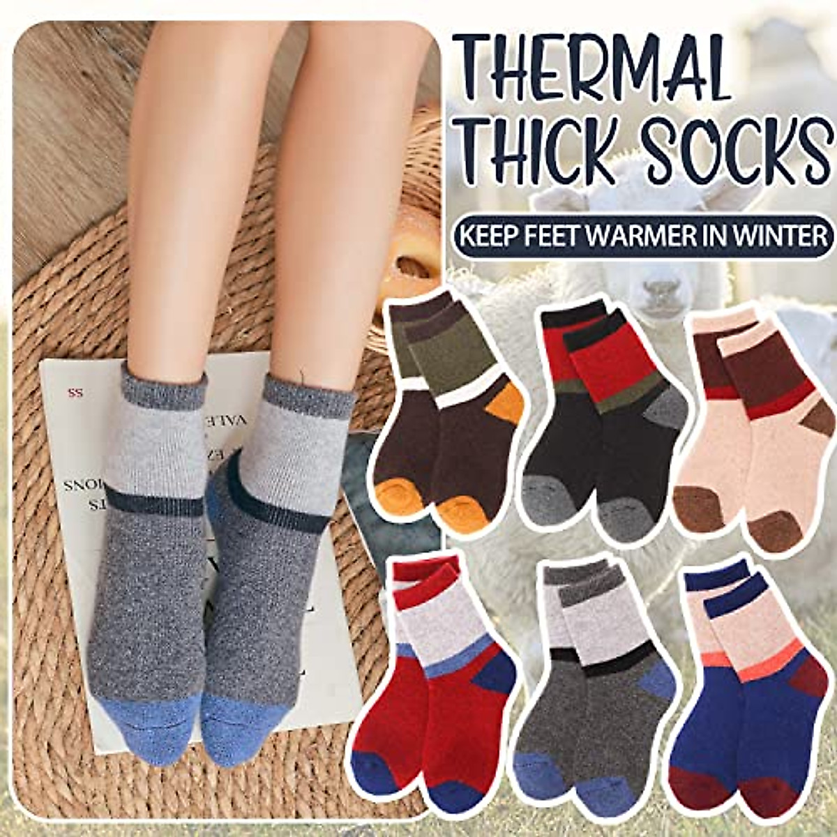 EBMORE Kids Wool Socks for Toddlers Boys Girls Warm Winter Thick Hiking Thermal Heavy Cozy Crew Boot Socks Gift Stocking Stuffer 6 Pairs (Color Block,4-7 Y)