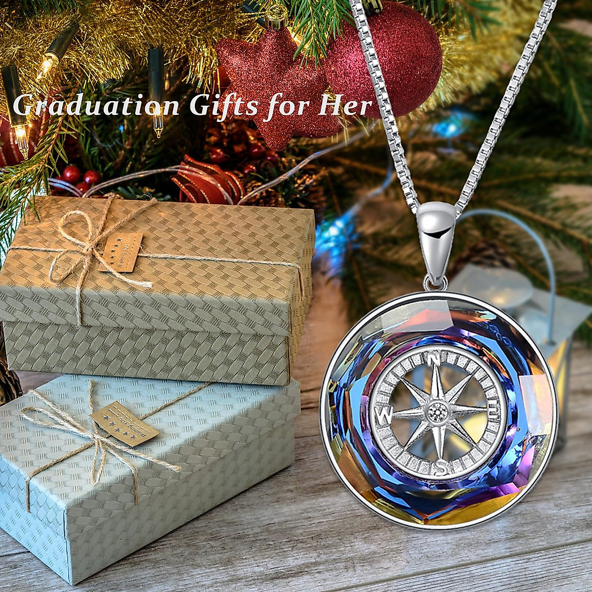 AOBOCO Compass Necklace Sterling Silver Circle Pendant Necklace with Color-Changed Crystal, Graduation Jewelry Gift for Women