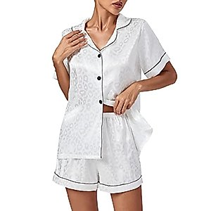Vrtige Women's Silk Satin Pajamas Leopard Print Button Down Short Sleeve and Shorts Pj Sets White Small