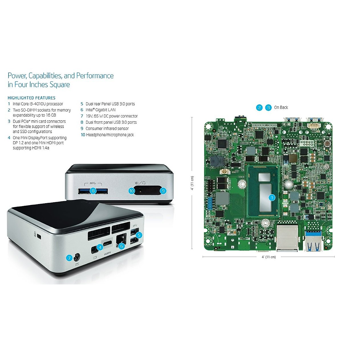 Intel NUC D34010WYK, Mini HDMI, Mini DisplayPort, USB 3.0, 4th Gen Intel Core i3-4010U, Consumer Infrared sensor, Black/white
