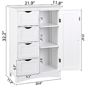 SUPER DEAL Freestanding Bathroom Floor Storage Cabinet with 4 Drawers and Adjustable Shelves, Living Room Entryway Home Furniture Storage Organizer Unit, White¡­