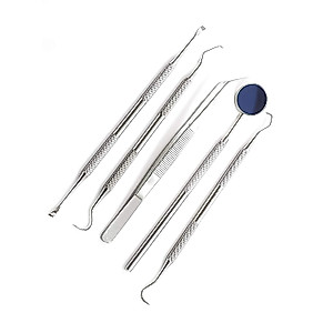 Dental Hygiene set of 5-Stainless Steel Tarter Scraper/Scaling Remover, Dental Toothpick, Mouth Mirror Scaler Tweezer For Calculus &Tartar Removal-Dentists Set is Ideal for Personal Use & Pet Friendly