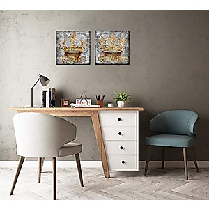 Zlove 2 Set Romantic Wall Art Golden Queen and King Crown Painting Antique Vintage Grey Artwork on Canvas For Bedroom Valentine Day Wedding Gift Stretched and Framed Ready to Hang 12x12inchx2pcs