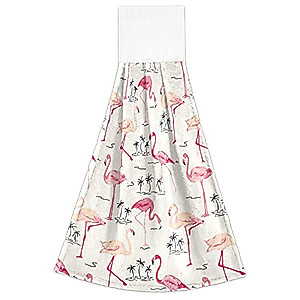 MCHIVER 2 Pcs Hanging Kitchen Hand Towels with Loop, Flamingo Decorative Towels Absorbent Towel for Bathroom, Laundry Room