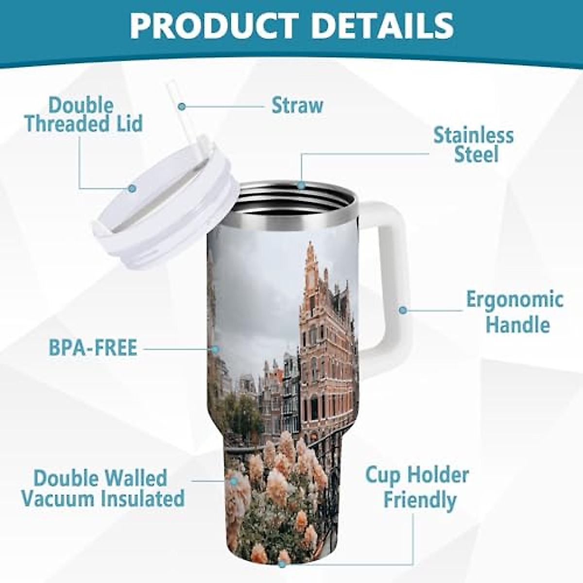 ODAWA Amsterdam Roses Street Insulated Coffee Tumbler with Lid and Straw Thermal Cups for Hot and Cold Drinks 40 Oz Stainless Steel Coffee Mug
