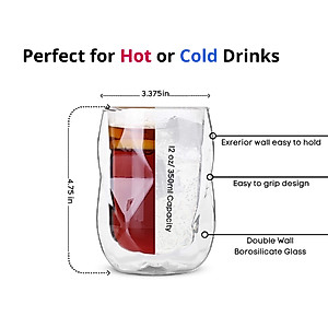 BTaT-Double Wall Insulated Glass Mug, Diamond Shape, Set of 4, 12oz, Insulated Coffee Mug, Double Wall Glass, Coffee Cups, Tea Cups, Latte Cups, Glass Coffee Mug, Coffee Glass, Latte Mug, Clear Mugs