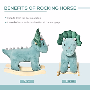 Qaba Kids Plush Ride-On Rocking Horse Triceratops-Shaped Plush Toy Rocker with Realistic Sounds for Child 36-72 Months Dark Green