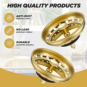 Retisee 2 Pcs Gold Kitchen Sink Stopper Strainer Stainless Steel Sink Filter for Universal 3-1/2 Inch Kitchen Sink Drain Replacement