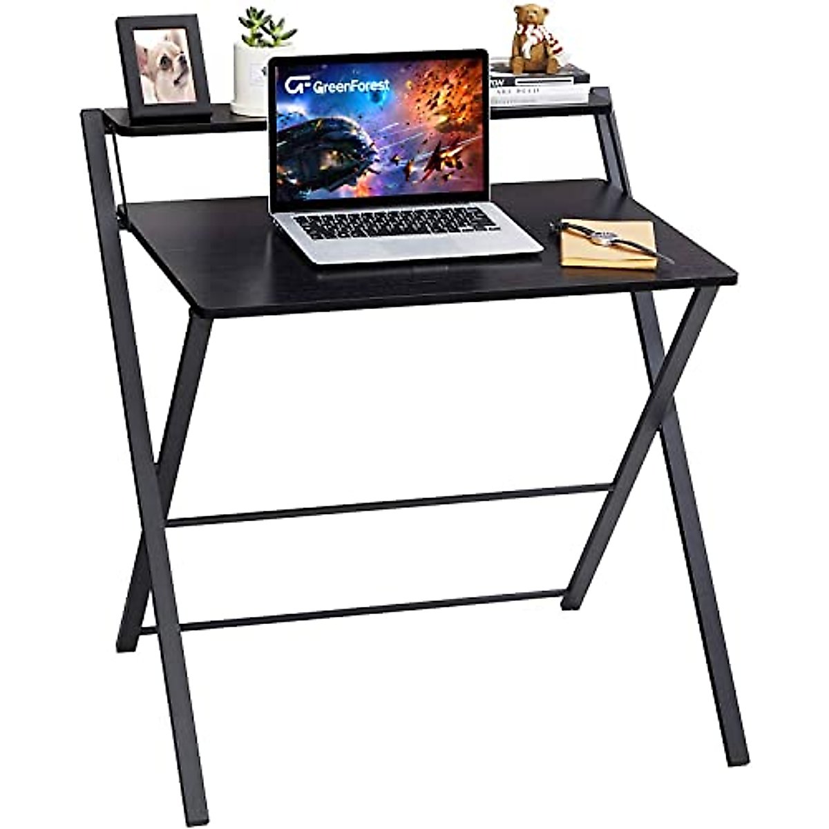 GreenForest Folding Desk No Assembly Required Small Size, 2-Tier Foldable Computer Desk with Shelf for Home Office, Space Saving Portable Laptop Study Foldable Table for Small Spaces, Black