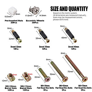 Glarks 125Pcs 3-in-1 Furniture Connecting Hardware Set, Hex Socket Cap Furniture Barrel Screws Bolt Nuts & Cam Fitting & Pre-Inserted Nut & Eccentric Wheel for Crib, Wardrobe Splicing, Cabinet Drawer