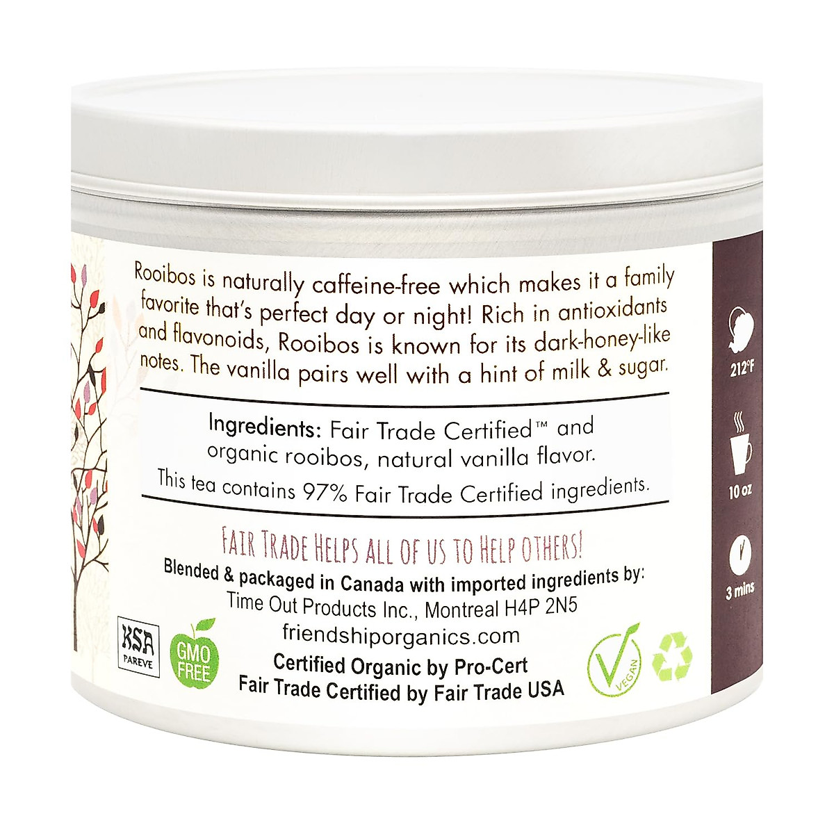 Friendship Organics Vanilla Rooibos Tea Bags, Organic and Fair Trade Herbal 22 Count